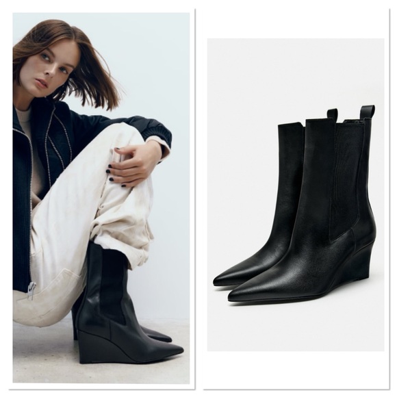 Zara | Shoes | Zara Leather Pointed Toe Wedge Ankle Boots Black Sz62 ...